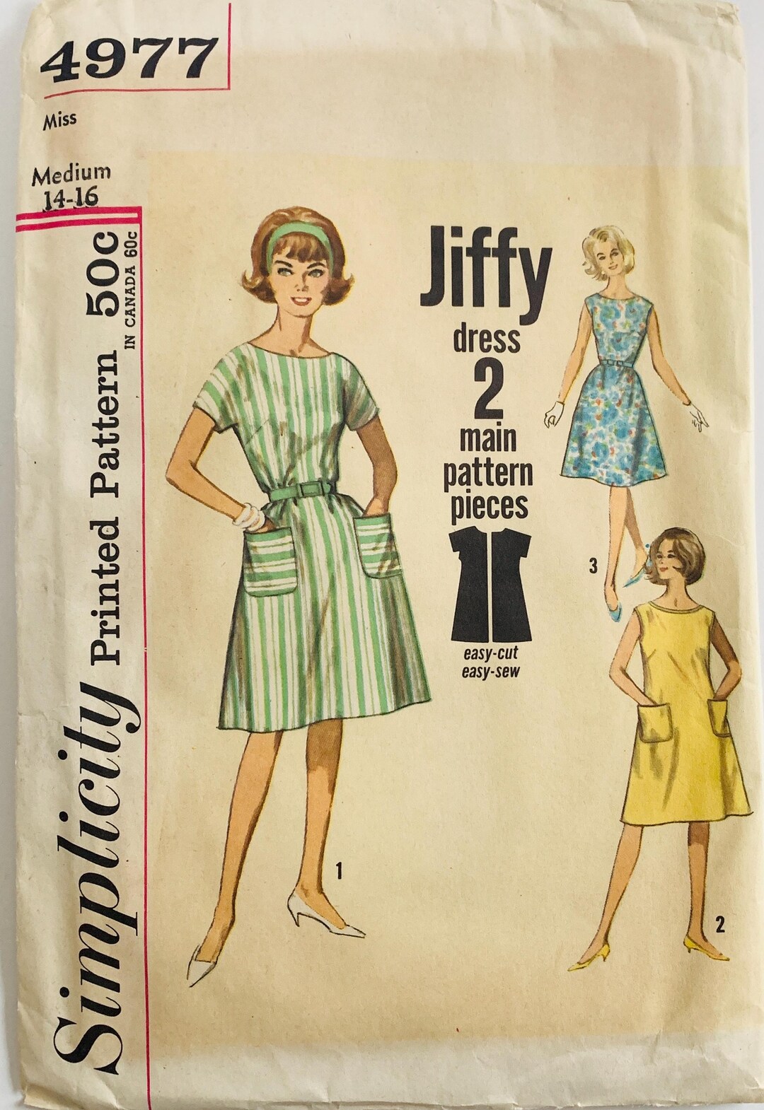 Jiffy 1960s Misses One-piece Dress Pattern 3 Styles Size 14-16 Bust 34 ...
