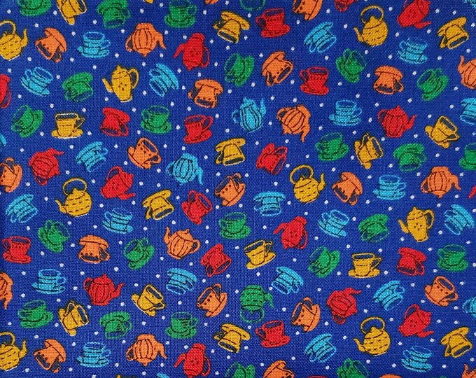 Cute Tiny Print Calico Fat Quarter Teapots Tea Cups Bright Blue ...