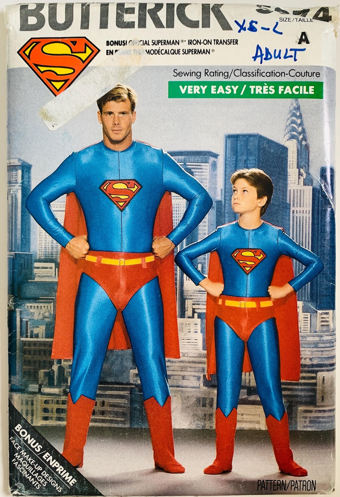 Very Easy Mens Superman Costume Pattern transfer NOT Included Size XS S ...
