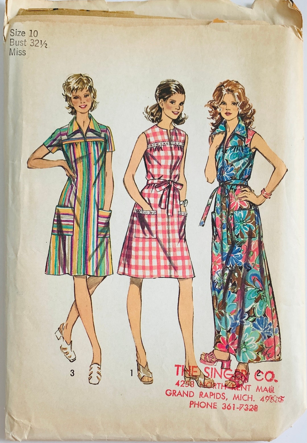 70s Misses Smock Dress Pattern 3 Styles 2 Lengths Size 10 Bust 32.5 ...