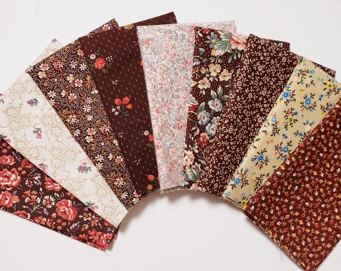 9 Vintage Brown Tan Cotton Fabric Scraps Calico Florals 9x11 Pieces Fat ...