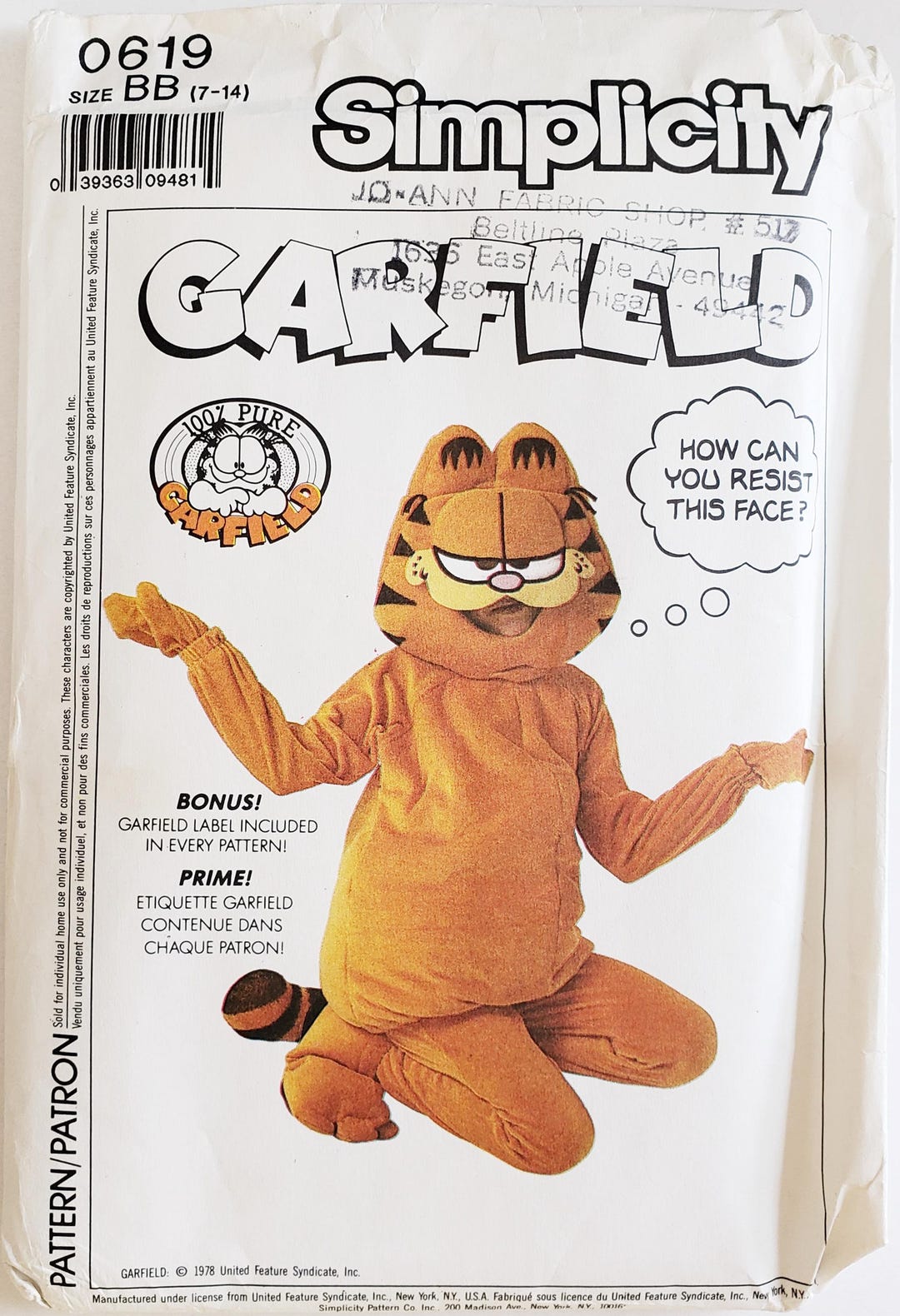 Boys Girls Garfield Costume Pattern Garfield the Cat Costume Sizes 7 8 ...