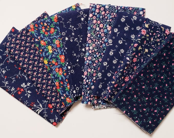 8 Vintage Dark Blue Floral Calico Fabric Scraps Quilting Cotton 9x11 ...