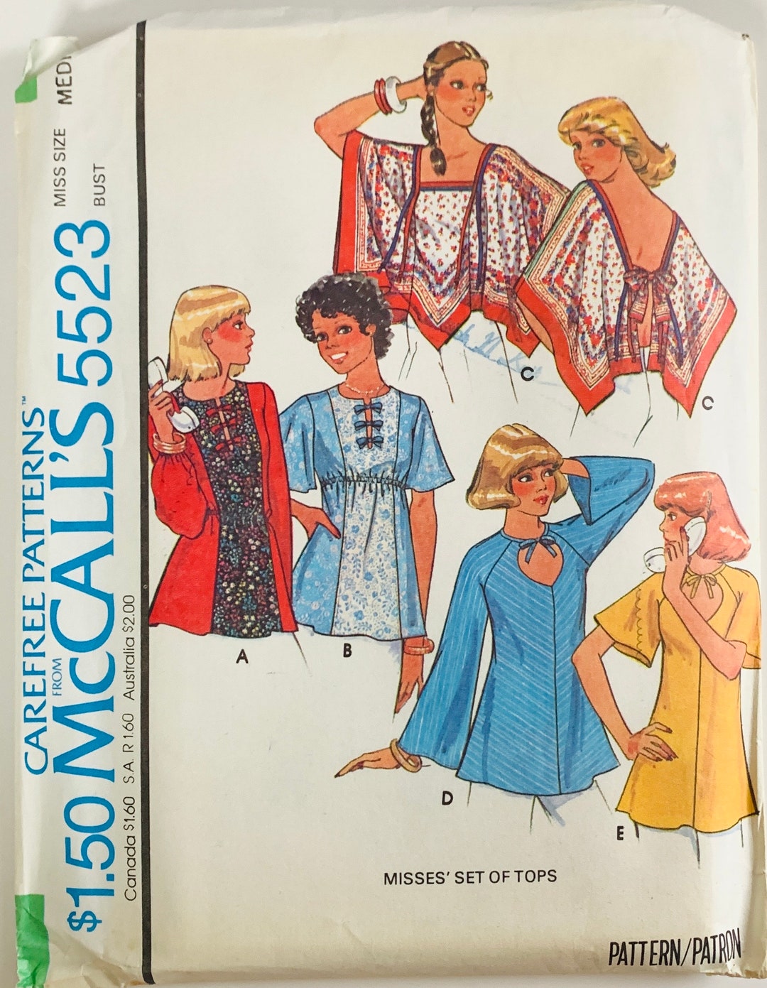 70s Misses Flared Sleeve Tops Pattern 5 Styles Size M 14-16 Bust 36-38 ...