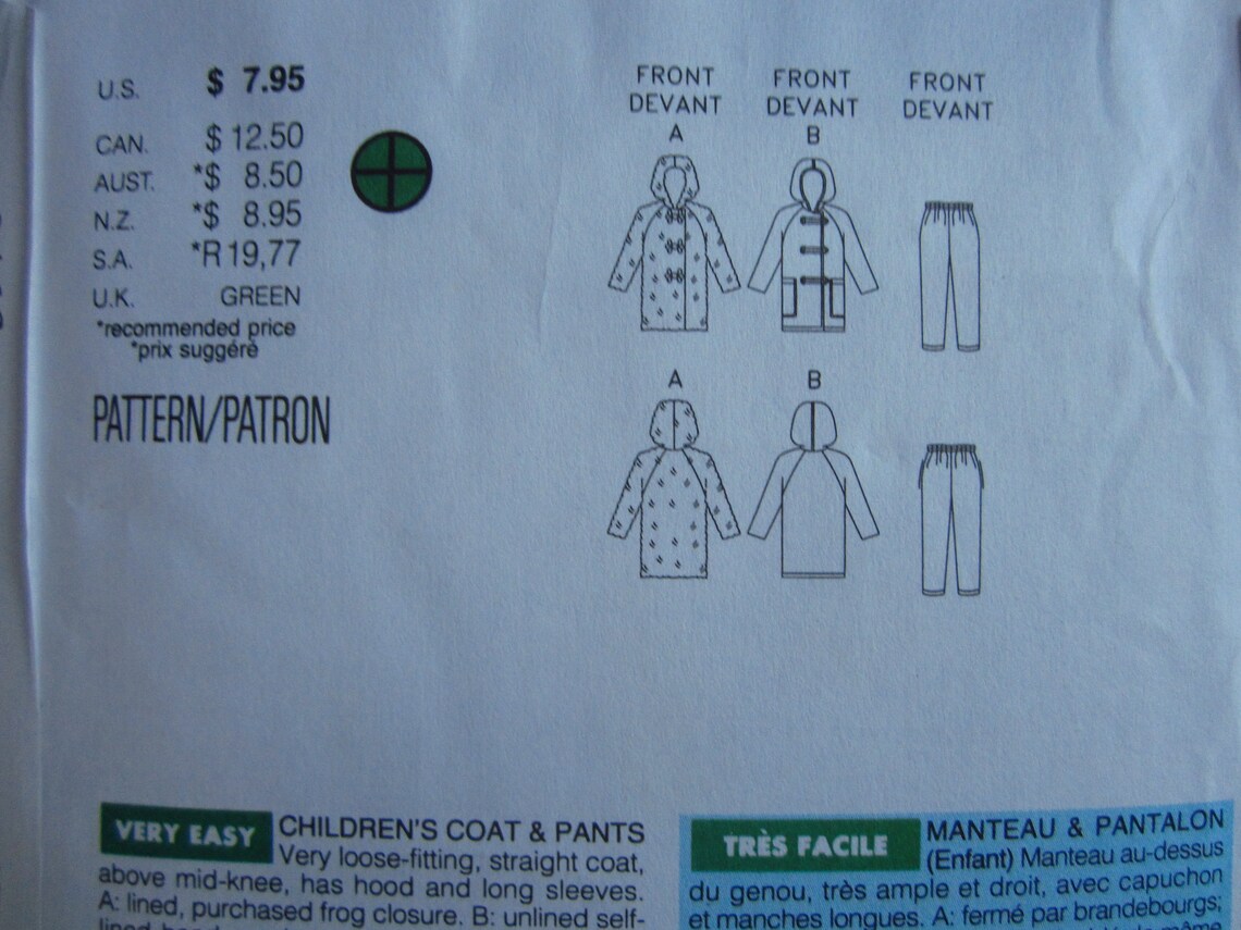 Very Easy Childs Coat Pattern 2 Styles and Pants Sizes 2 3 4 - Etsy
