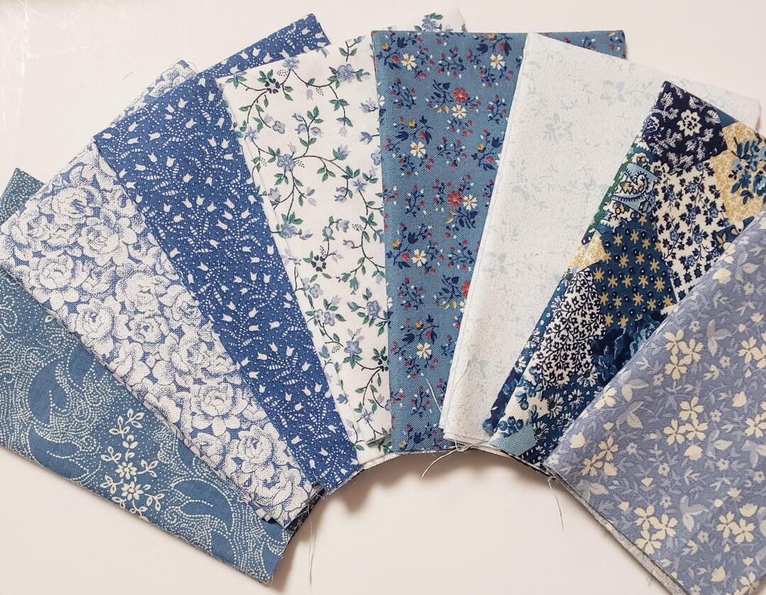 8 Vintage Blue Floral Calico Fabric Scraps Quilting Cotton 9x11 Pieces ...