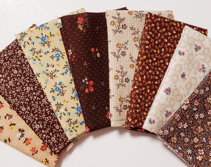8 Vintage Brown Tan Cotton Fabric Scraps Calico Florals 9x11 Pieces Fat ...