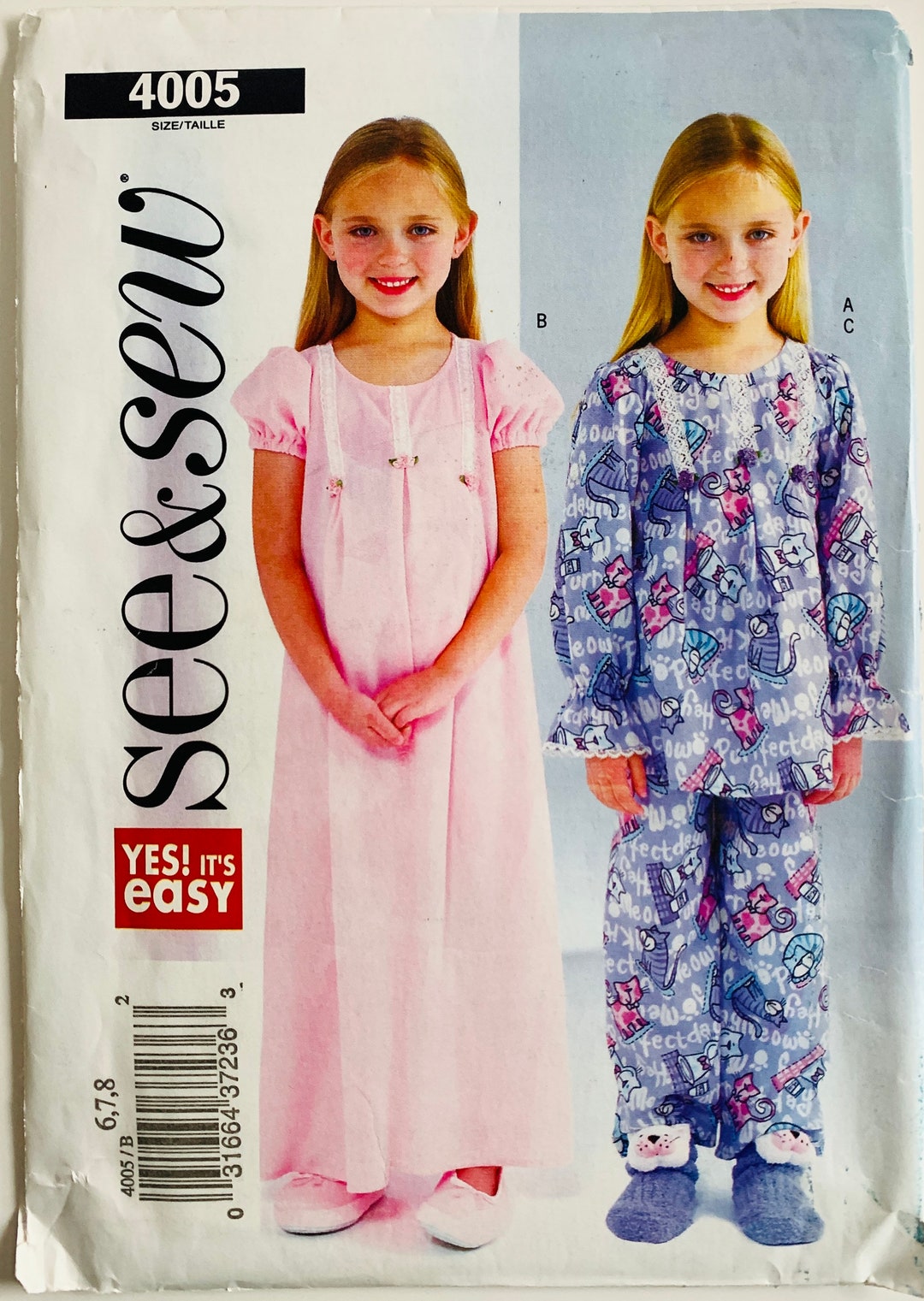 Easy Girls Pajama Top, Pajama Pants and Nightgown Pattern Sizes 6 7 8 ...