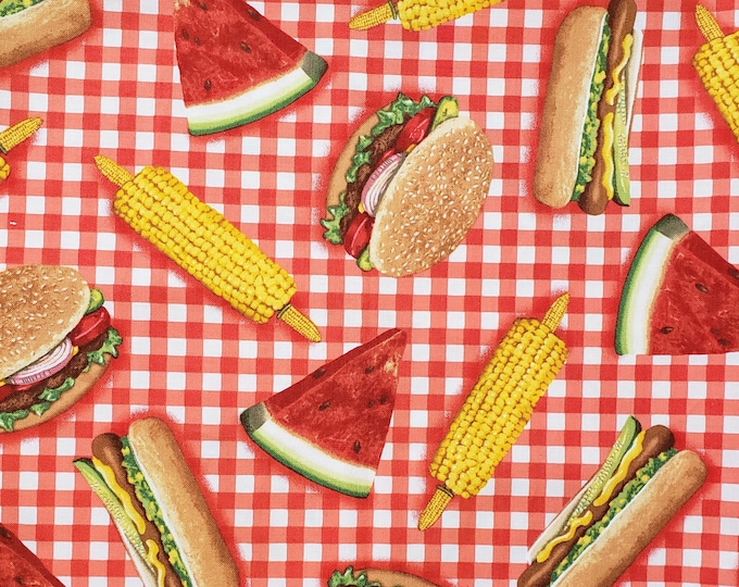 Barbecue Cookout Food Fat Quarter Red Check Background Hamburg Corn on ...