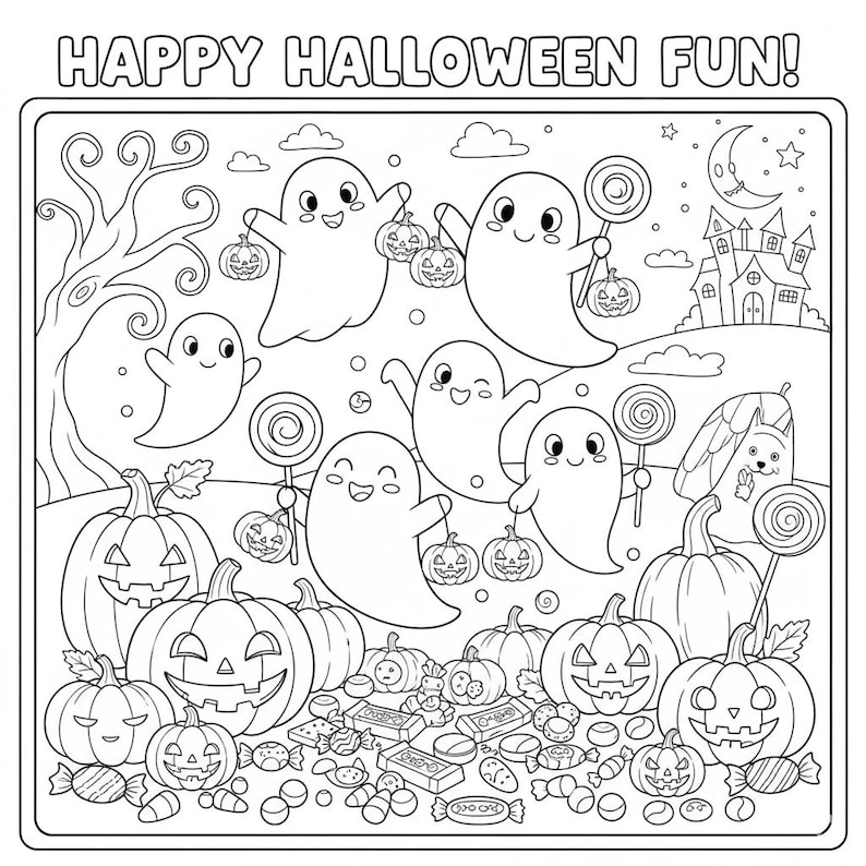 Cute Halloween Coloring Page for Kids | Printable Ghosts, Pumpkins ...