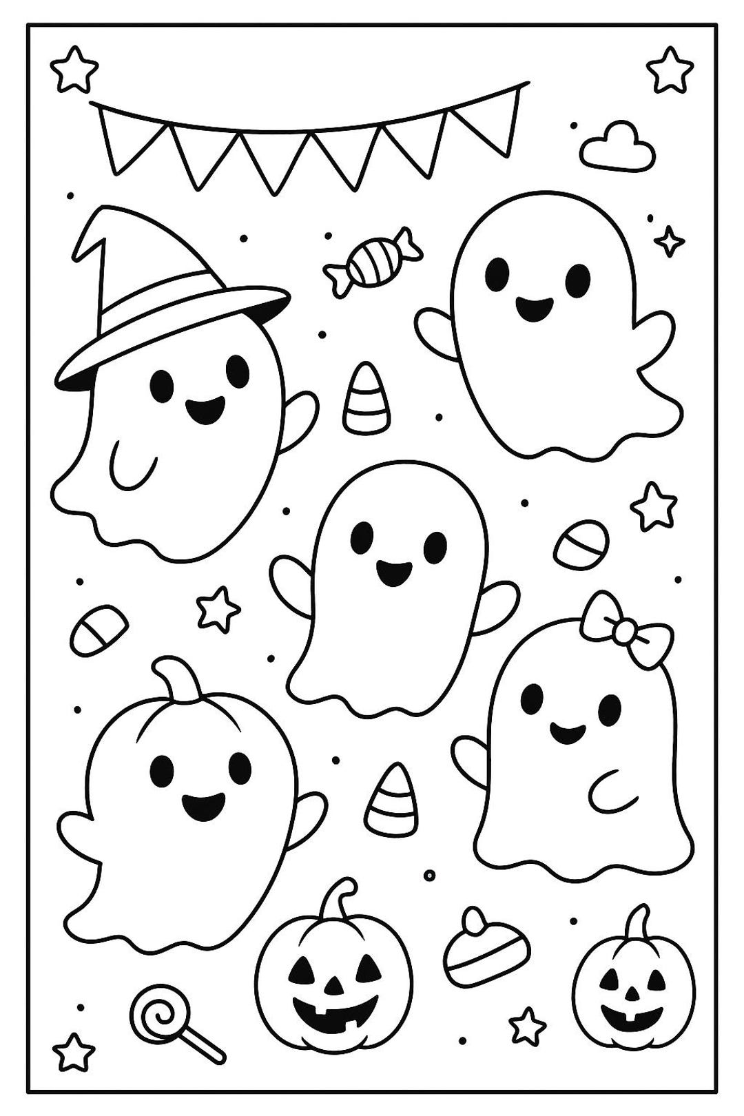 Kids Halloween Coloring Page Printable – Cute Ghosts, Pumpkins, Candy ...