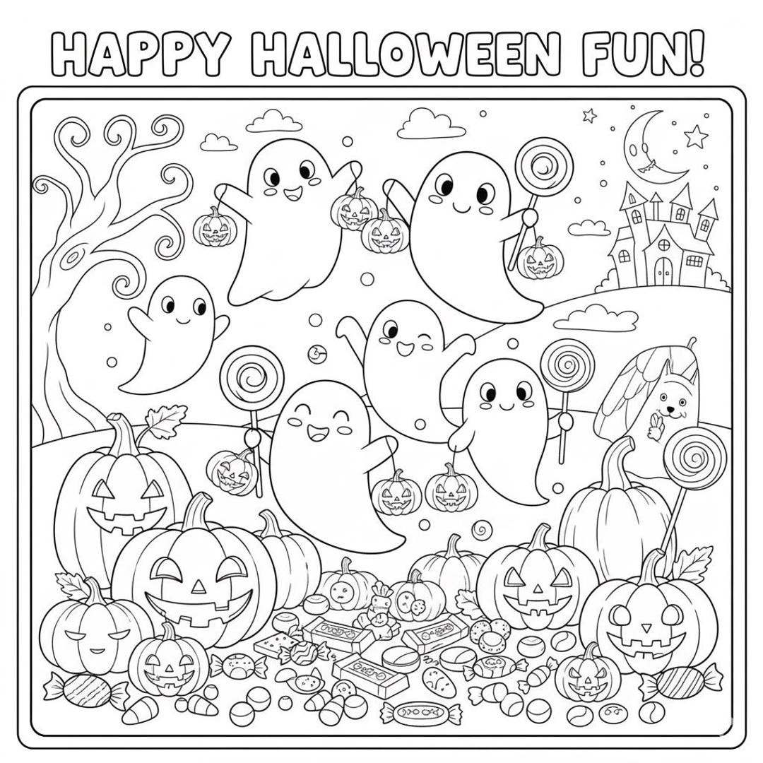 Cute Halloween Coloring Page for Kids | Printable Ghosts, Pumpkins ...