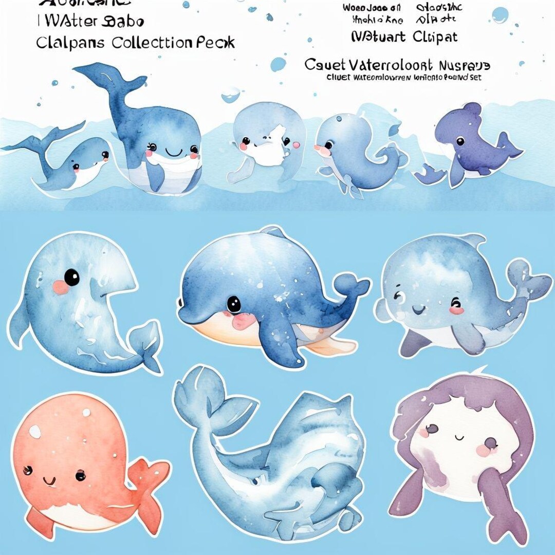 Baby Whale Watercolor Clipart | Cute Sea Creatures | Nursery Wall Art ...