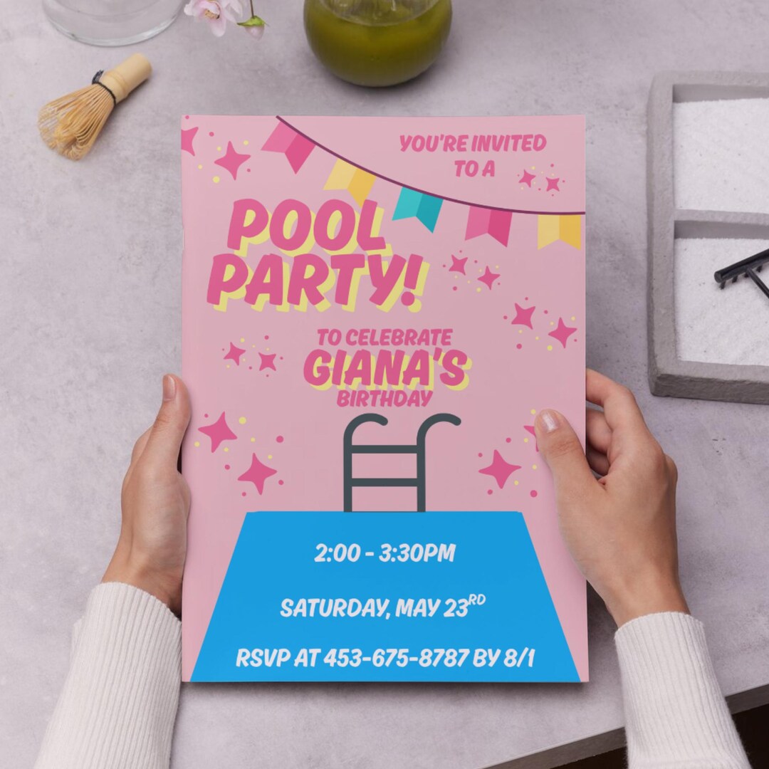 Pink Pool Party Birthday Invitation, Instant Download, Digital Download ...
