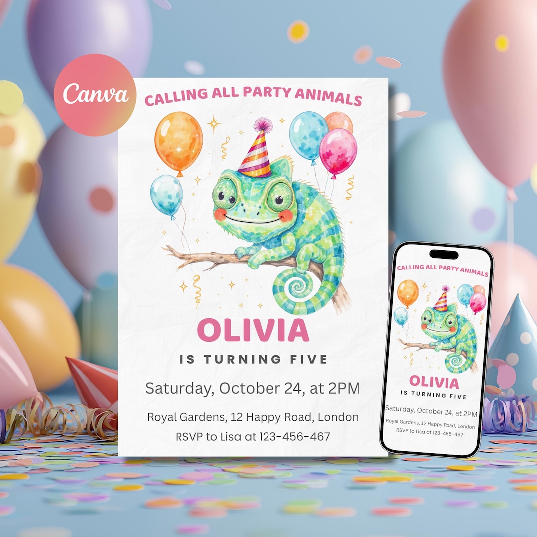 Watercolor Chameleon Birthday Invitation, Kids Reptile Party, Editable ...