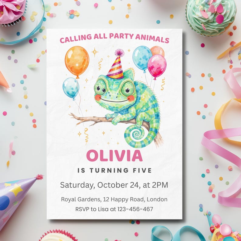 Watercolor Chameleon Birthday Invitation, Kids Reptile Party, Editable ...
