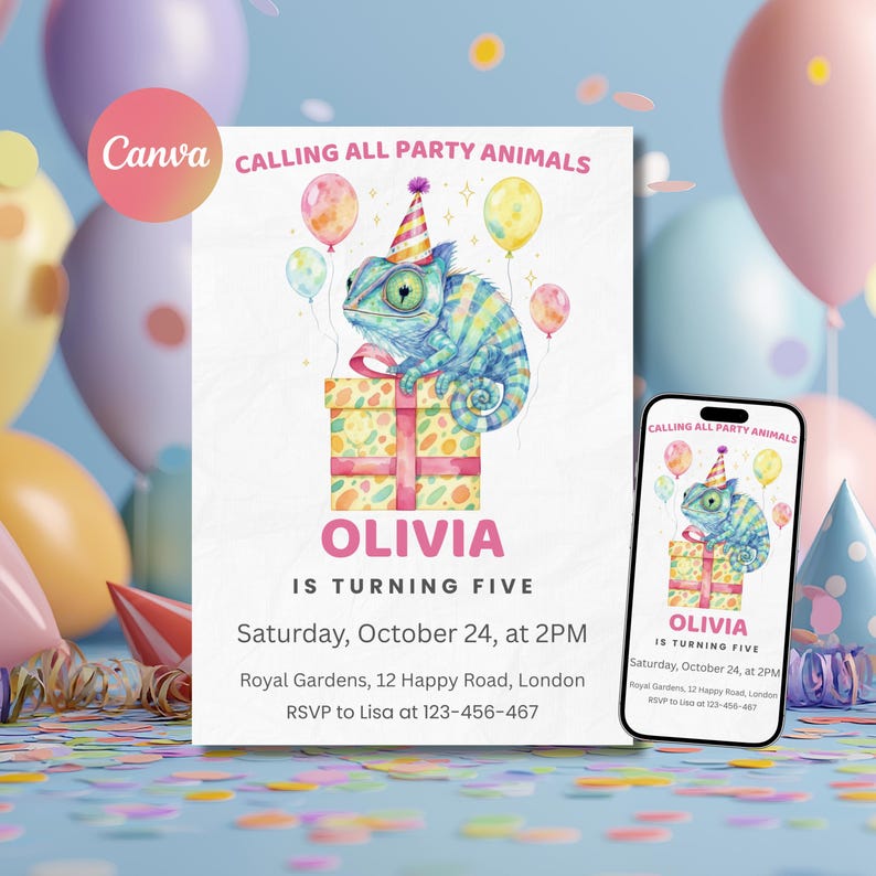Chameleon Birthday Invitation, Kids Animal Party Invite, Editable Canva ...