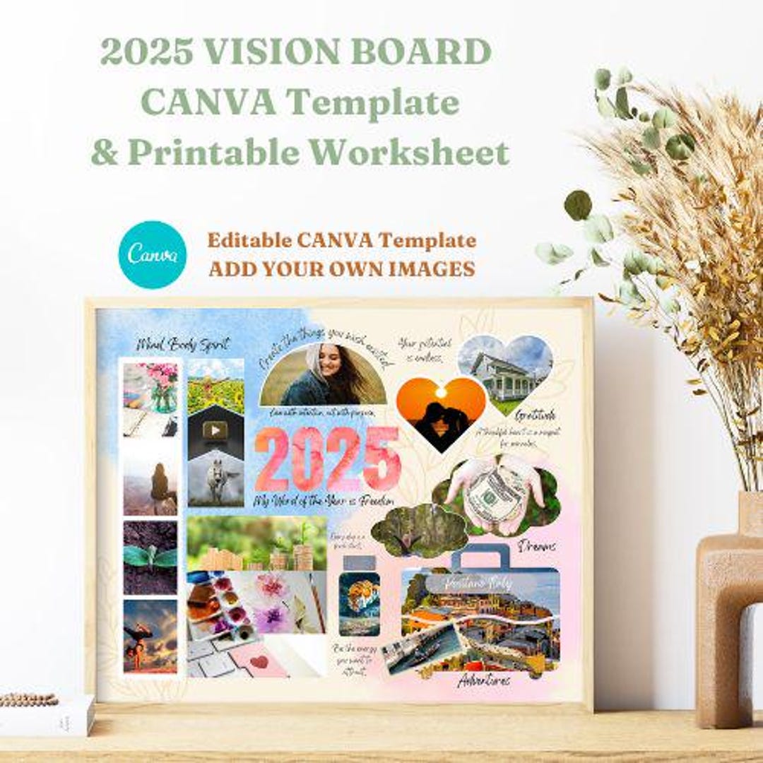 2025 Vision Board & Worksheets | Canva Editable Template | Vision Board ...