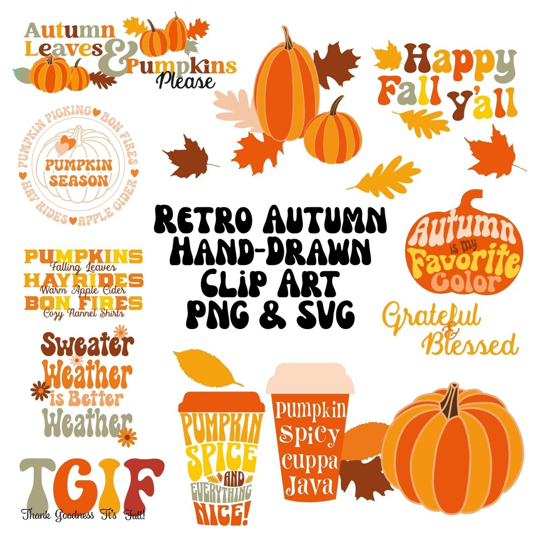 Retro Groovy Autumn Clipart: High-res PNG + SVG Files (digital Download ...
