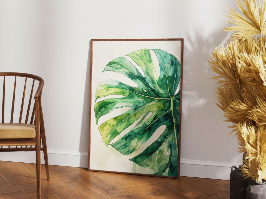 Realism, Emerald Monstera Deliciosa Watercolor, Spa Bathroom, Tropical ...