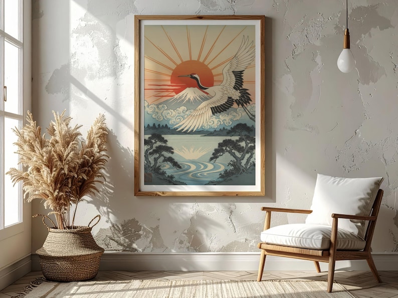 Flying Crane Red Sun, Japandi Modern Gallery Wall Decor (instant Decor ...