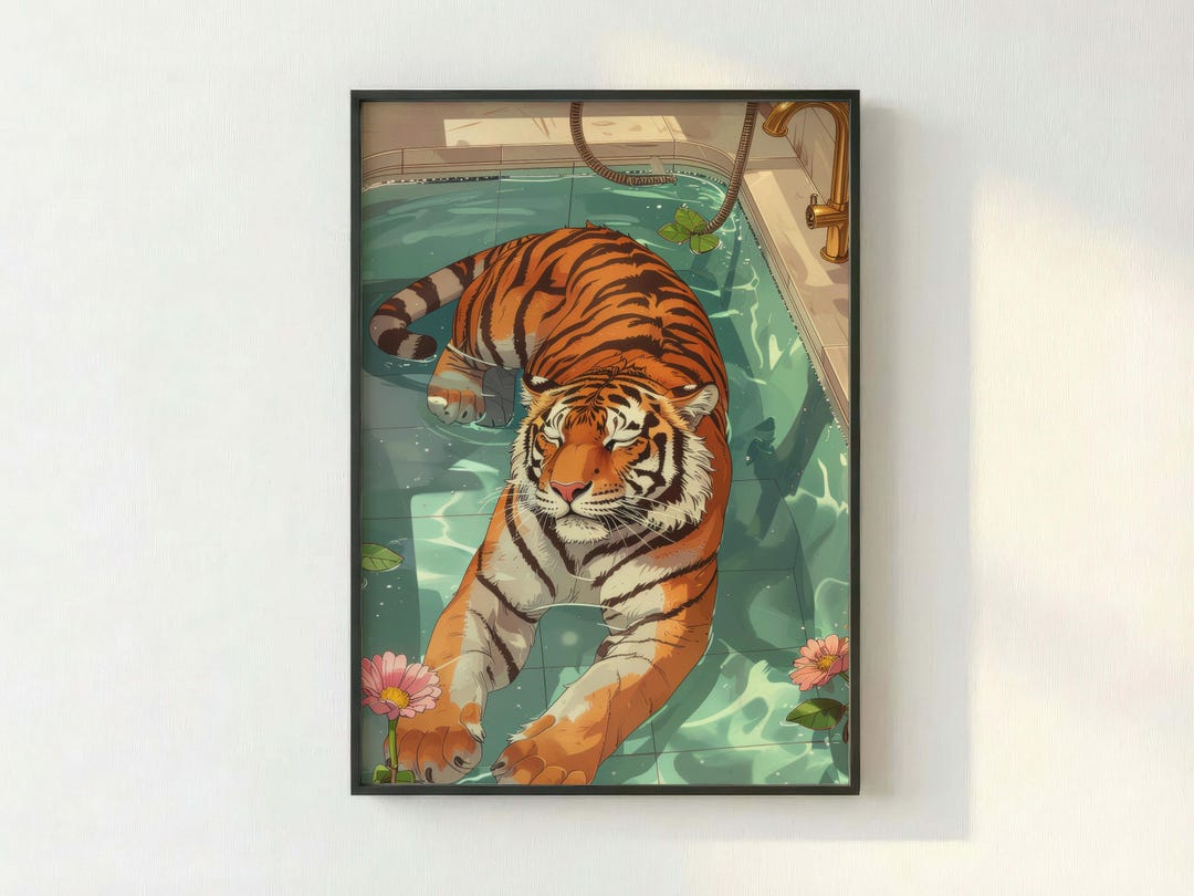 Tiger in Pool Art Print, Modern Jungle Animal Illustration (digital ...