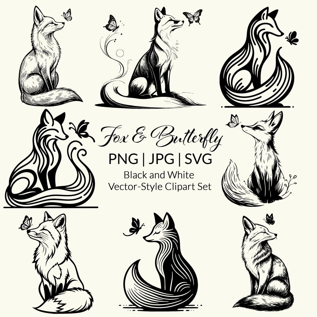Fox and Butterfly Minimalist Clipart, SVG PNG JPG Bundle, Elegant ...