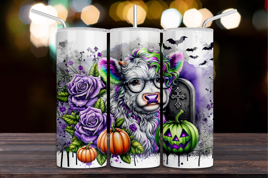Spooky Ghoul Highland Cow Tumbler Wrap: Halloween Ghost Bats (digital ...