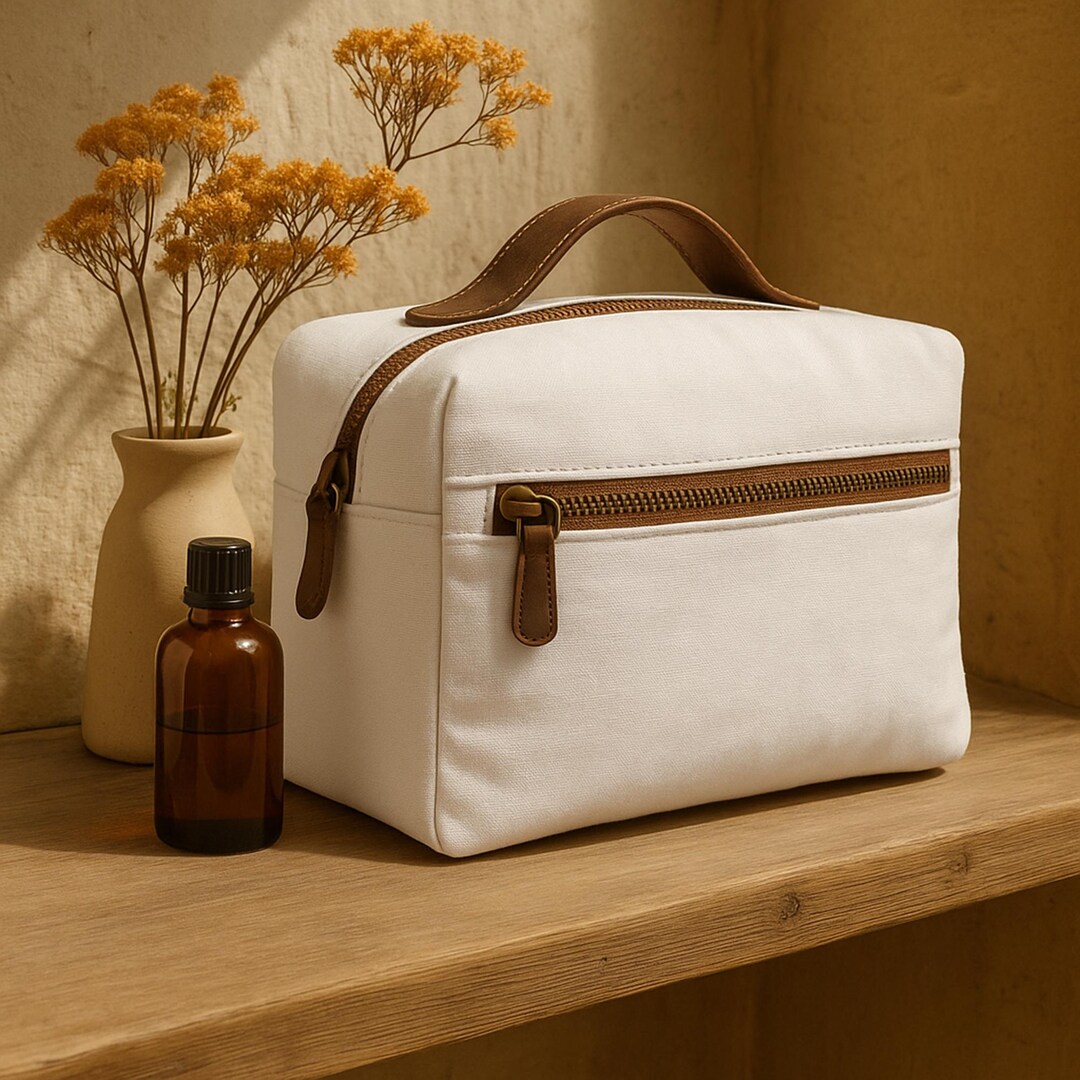 Minimalist White Dopp Kit | Large Linen Toiletry Bag With Handle for ...