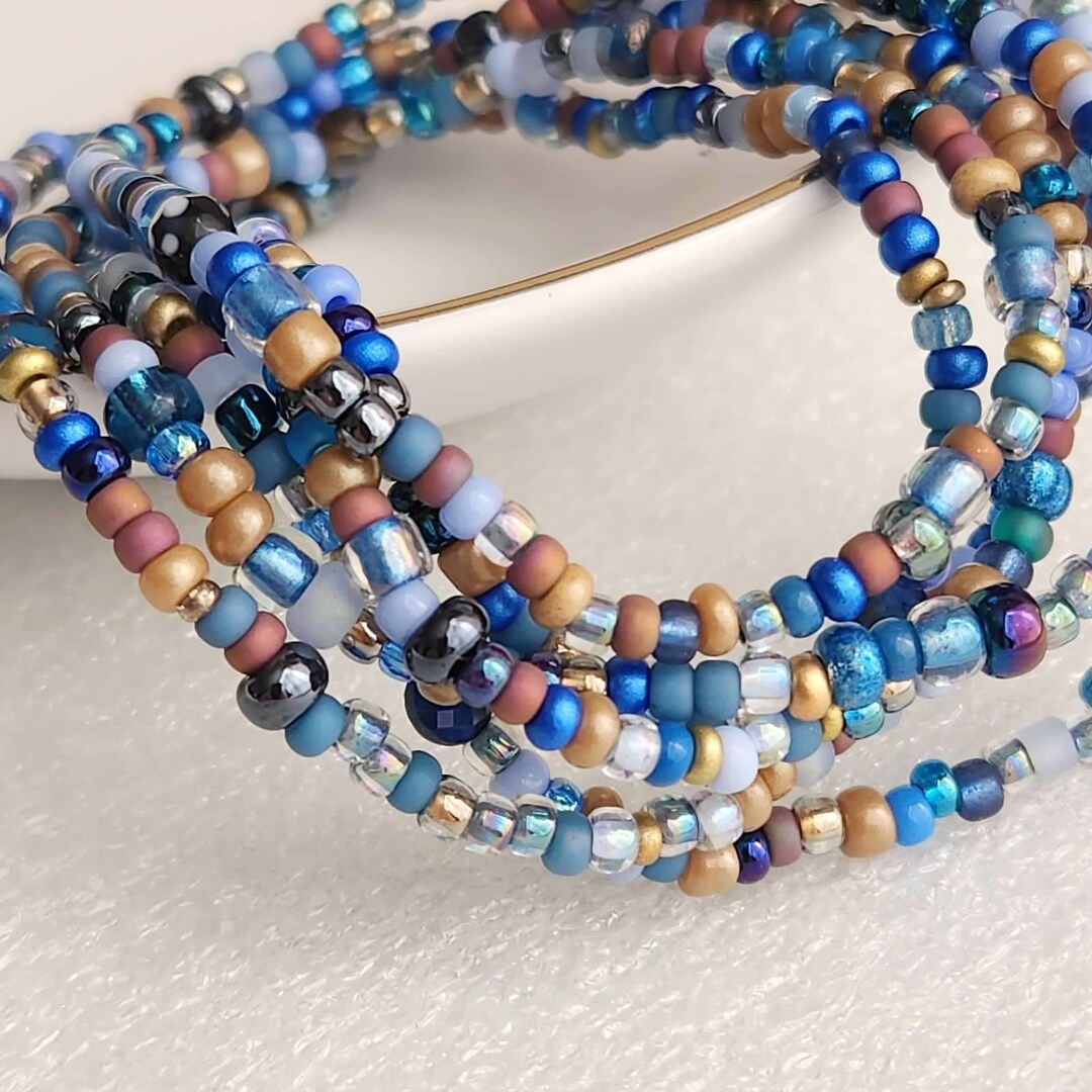 878 Blue Mix Seed Beaded Stretch Elastic Wrap Bracelet, Multi Wrap Bead ...
