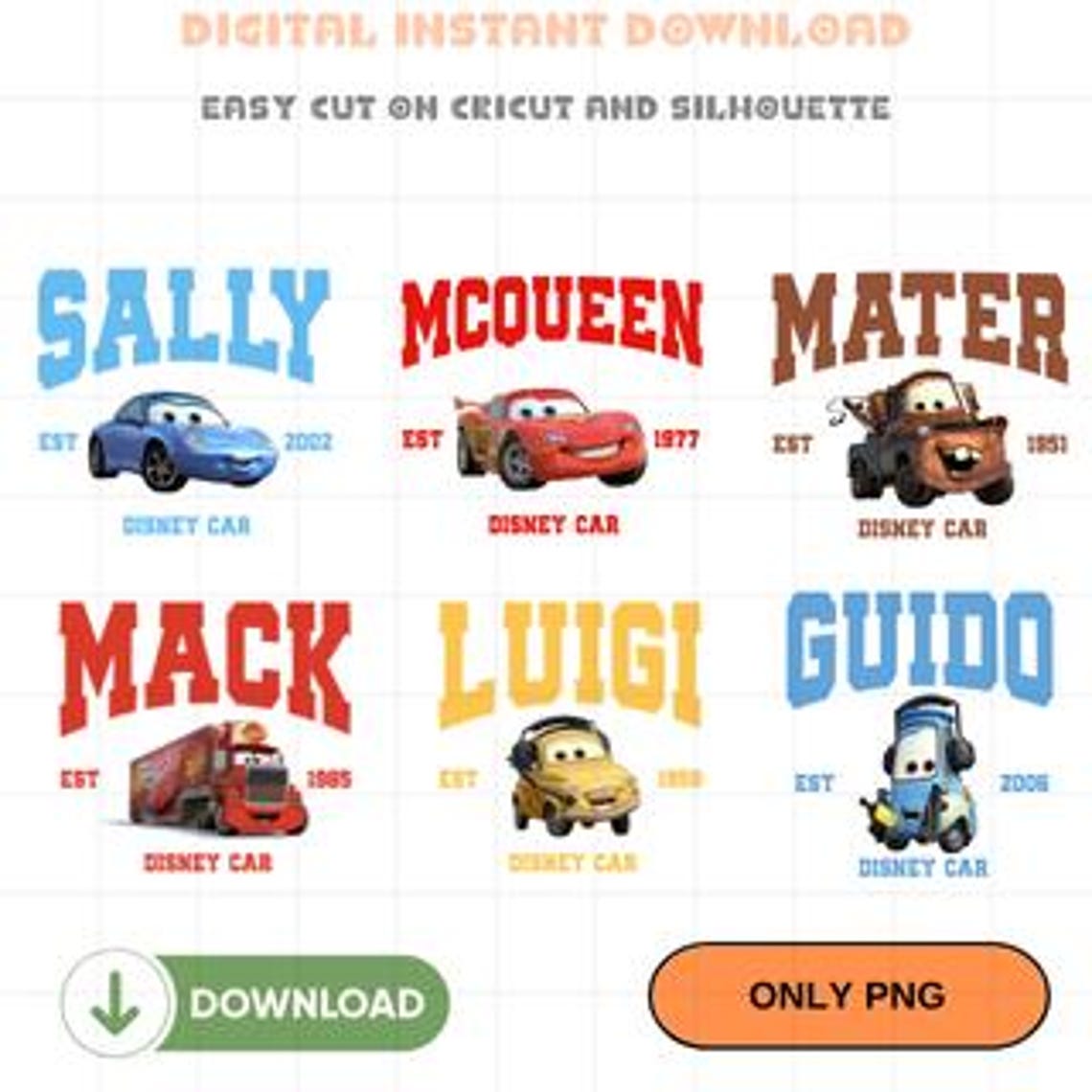 Disney Cars PNG Bundle, Lightning Mcqueen Mater Sally Luigi Guido Mack ...