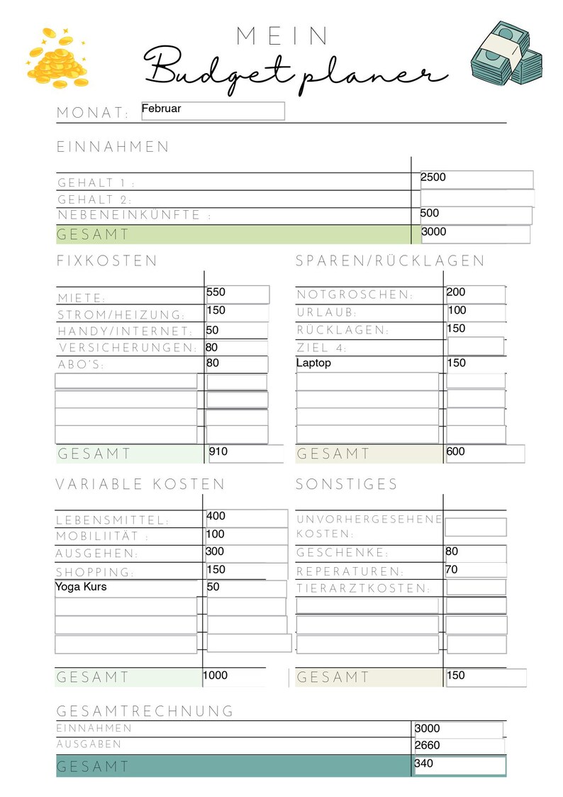 Budget Planer PDF Ausfüllbar, Finanzplaner, Monatsplaner, Printable ...