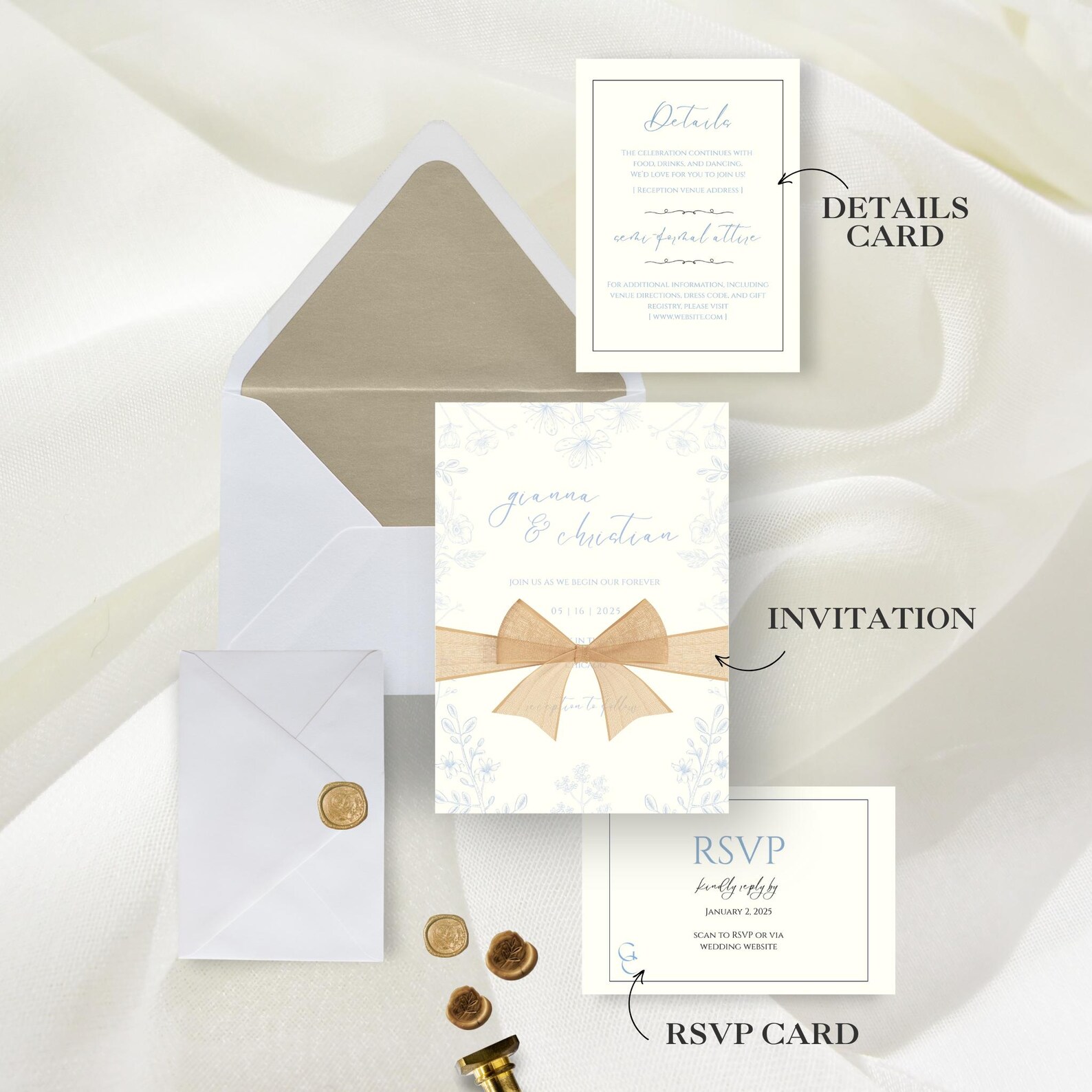 Editable Blue Floral Wedding Invitation Suite | RSVP & Details Card ...