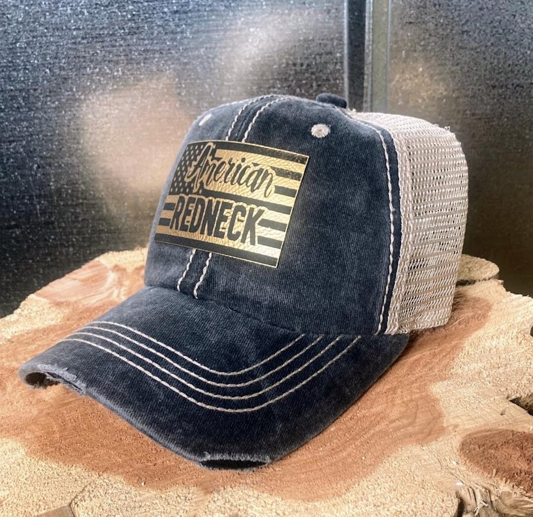 American Redneck Black on Grey Custom Trucker Hat – Black on GOLD FLAG ...