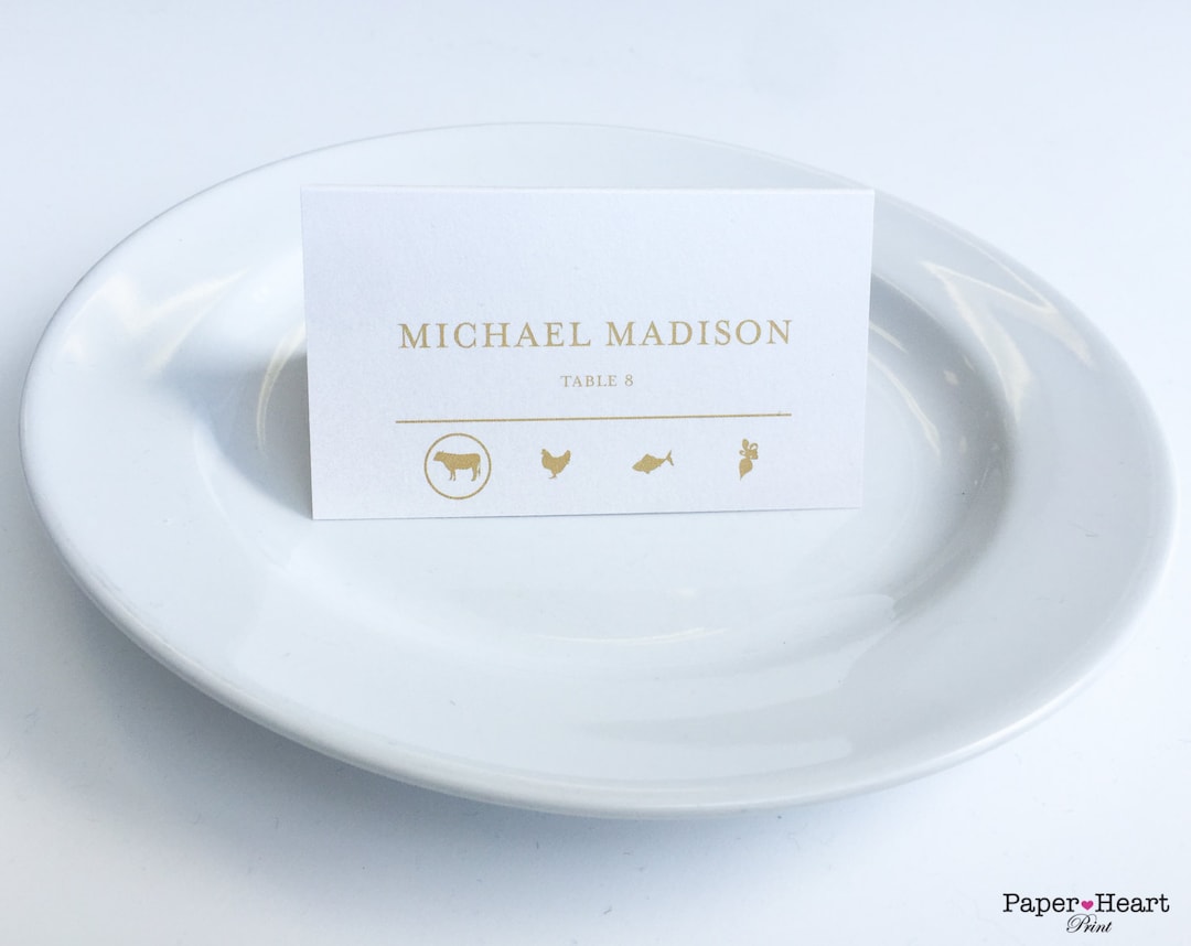 Place Card, Food Icon, Food Choice Indication, Wedding, Custom, Gold ...