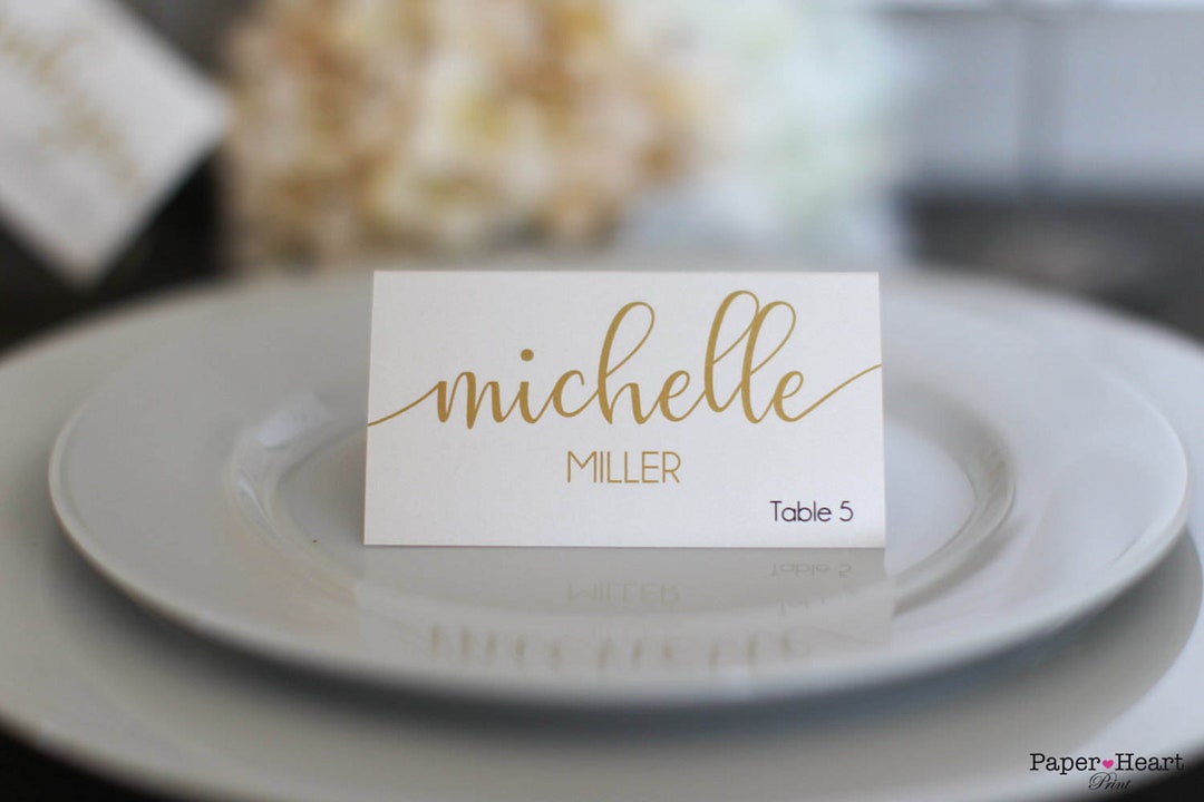 Script Wedding Custom Customize Place Cards Gold Simple Elegant Names ...