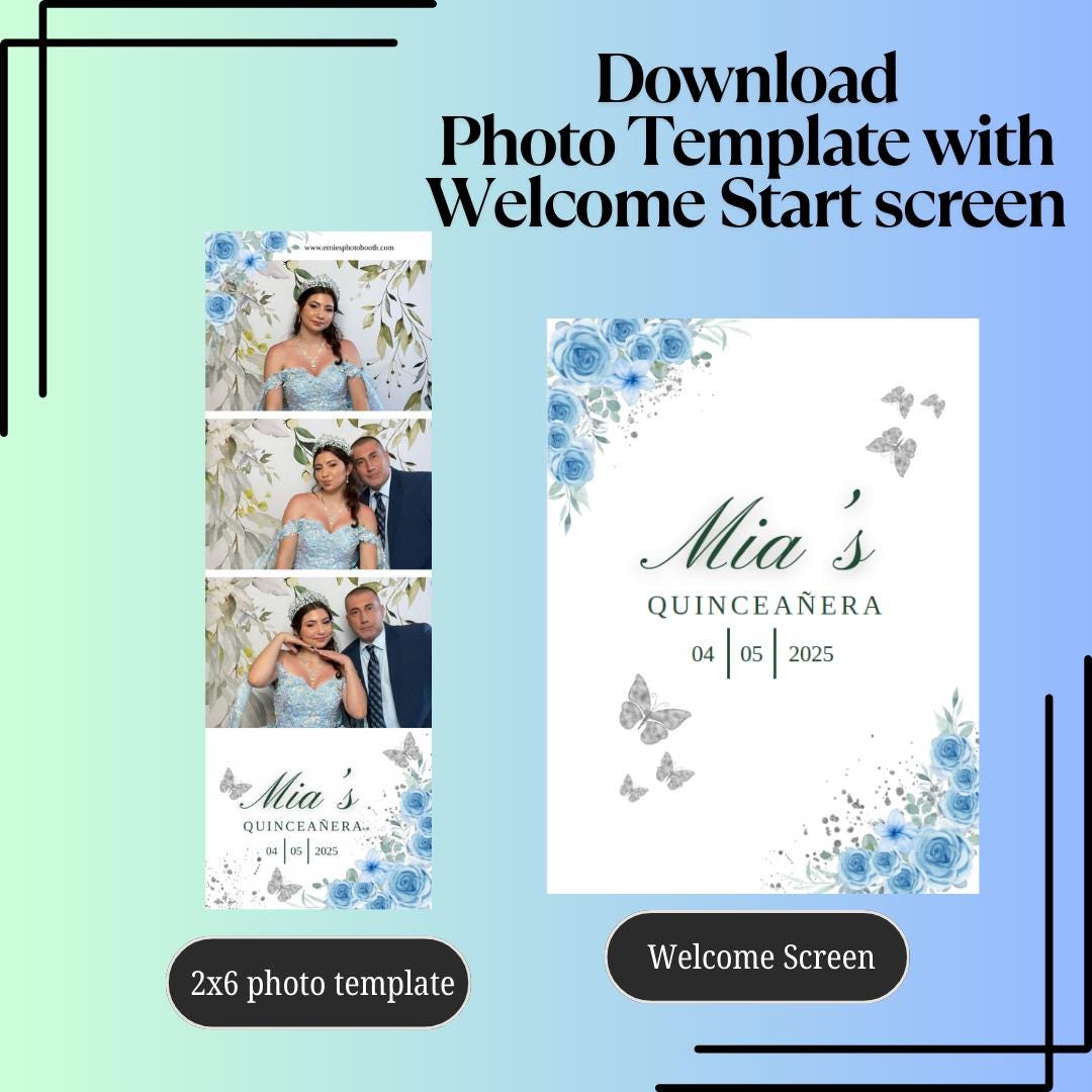 2x6 Quinceañera Photo Booth Template, Colors Blue With Silver, Flowers ...
