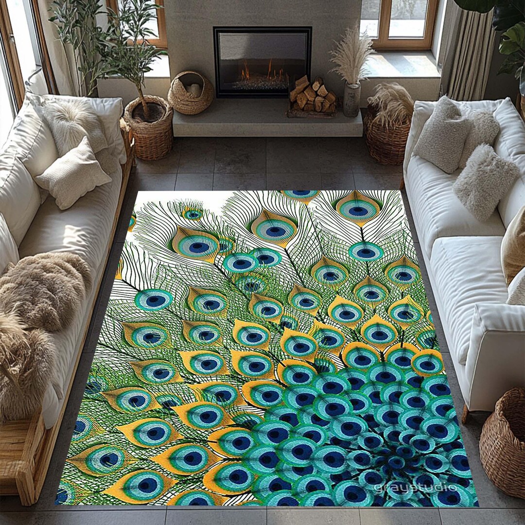 Peacock Feather Rug, Art Deco Peacock Rug for Modern Area Decor ...