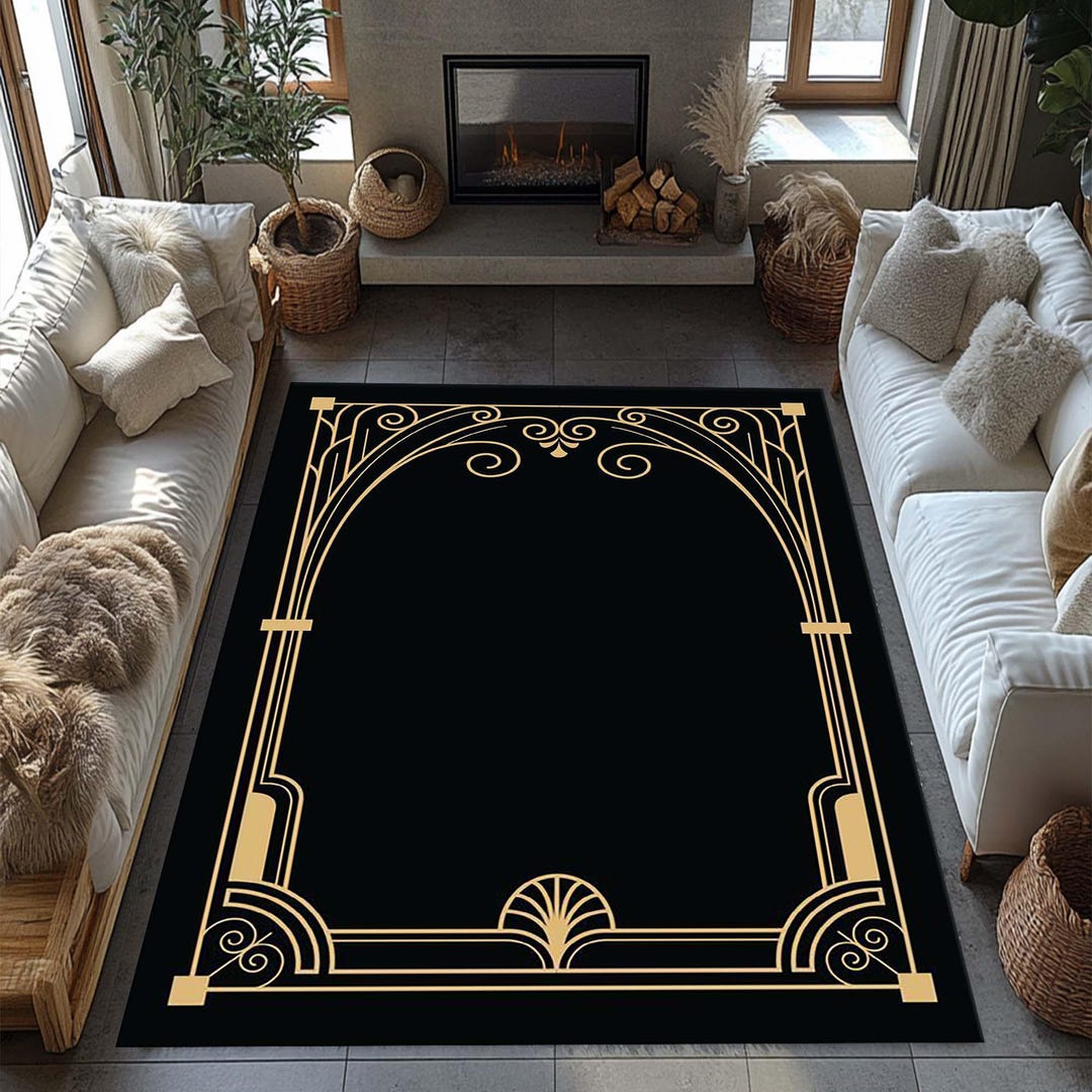 Gold Line Rug, Art Deco Rug, Modern Art Rug, Black Gold Rug, Gold ...