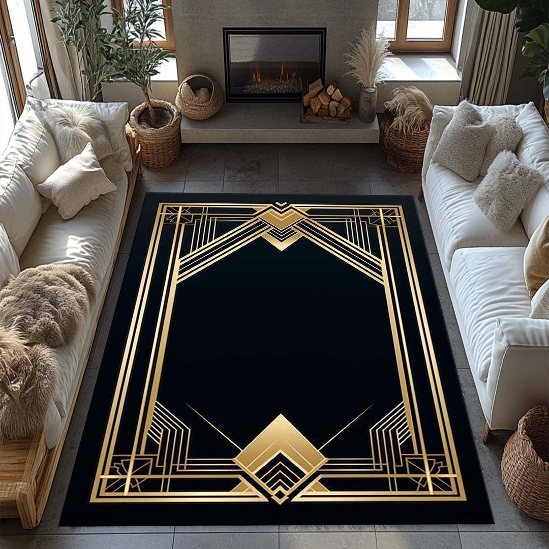 Gold Line Rug, Art Deco Rug, Modern Art Rug, Black Gold Rug, Gold ...