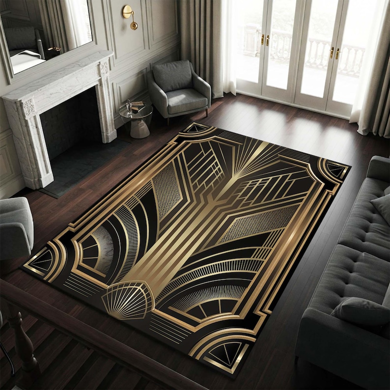 Art Deco Rug, Black Gold Striped Rug, Gold Lined Rug, Geometric Shaped ...