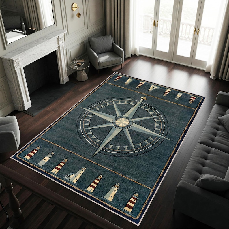 Lighthouse Nautical Rug, Compass, Compass Rug, Nautical Mermaid Rug ...