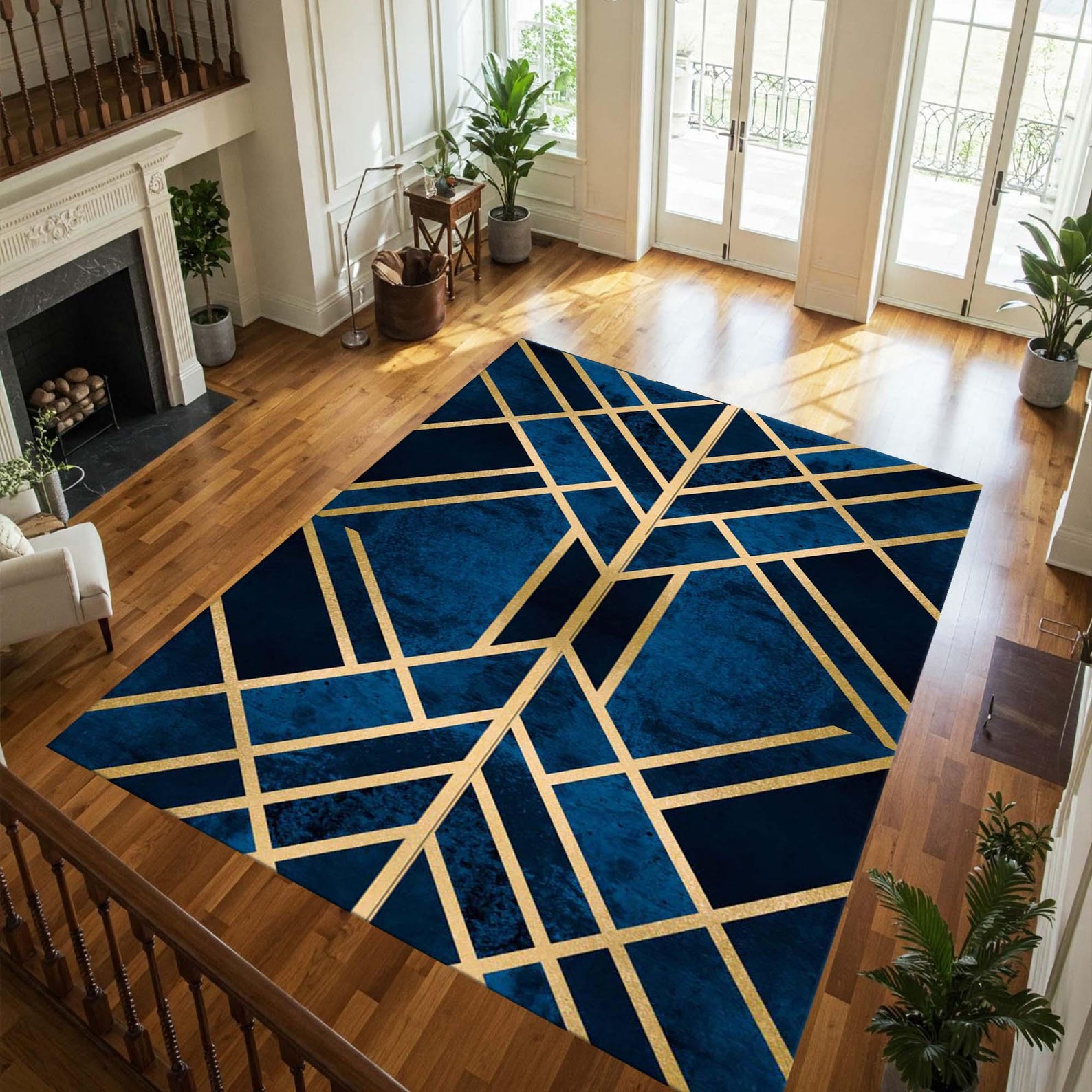 Navy Blue Gold Rug, Art Deco Rug, Gold Striped Rug, Gold Lined Art Rug ...