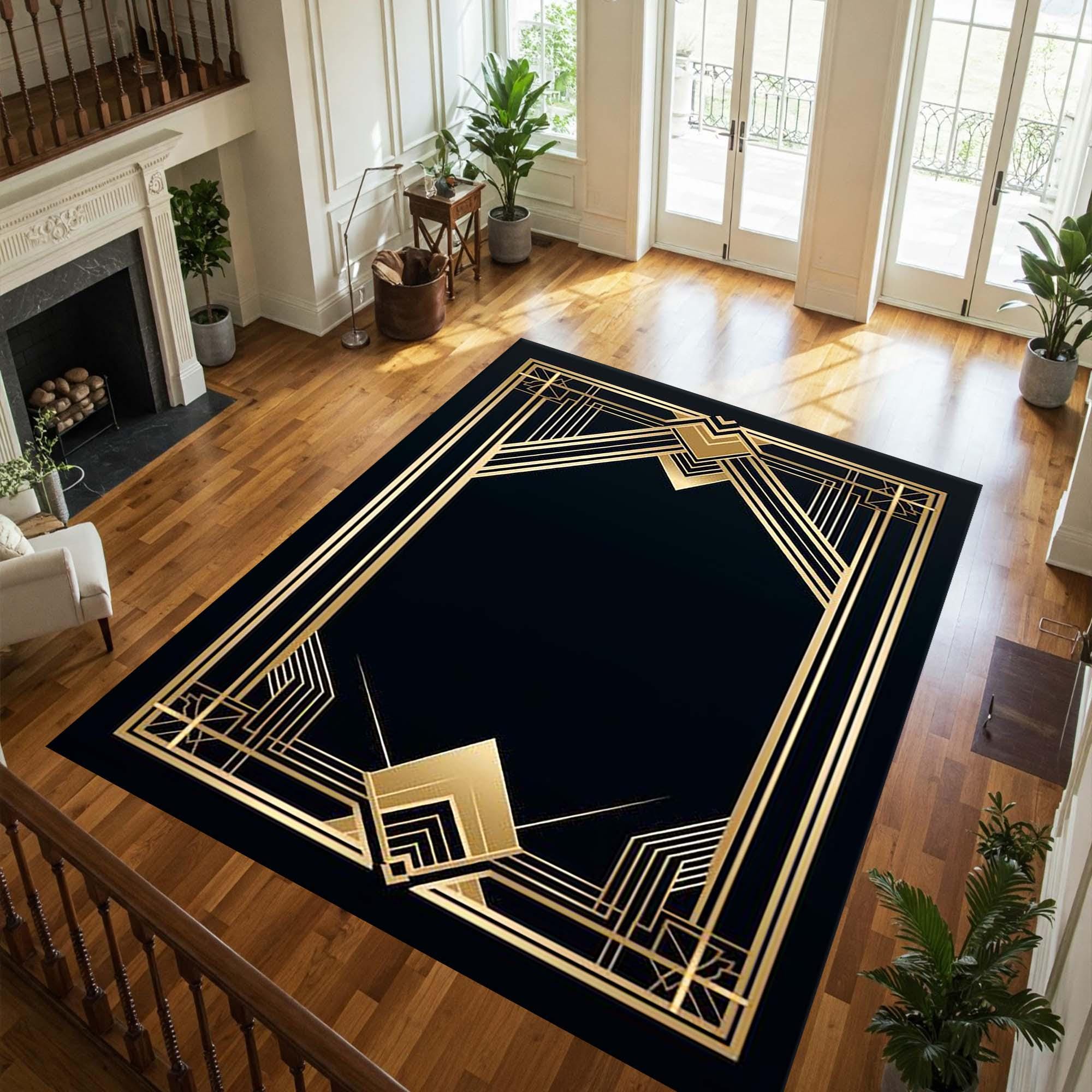 Gold Line Rug, Art Deco Rug, Modern Art Rug, Black Gold Rug, Gold ...