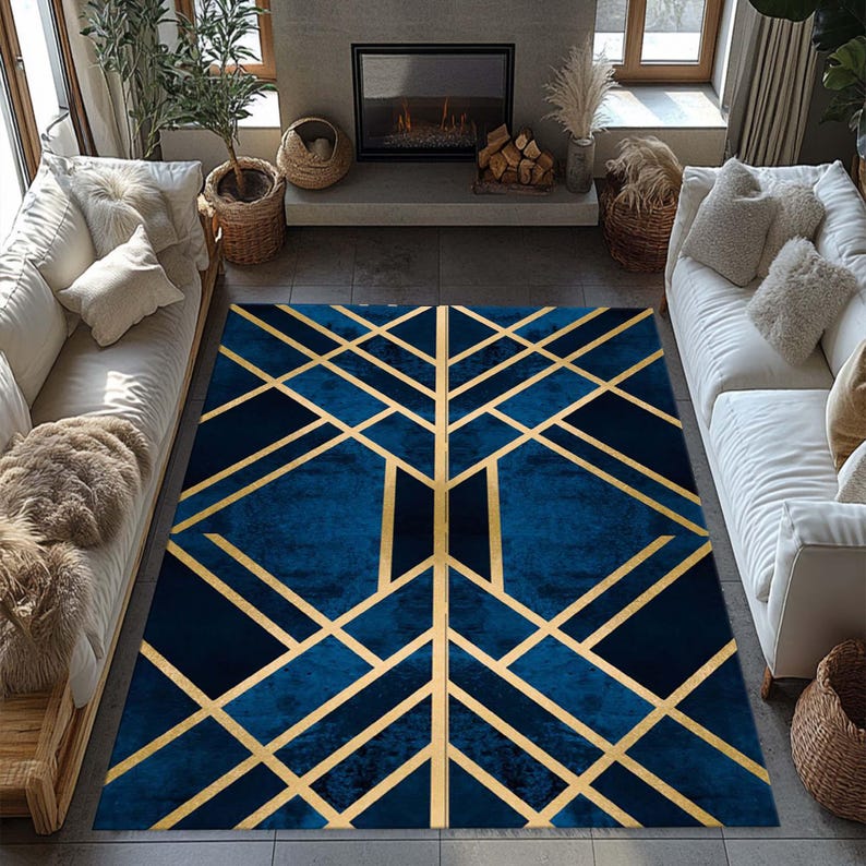 Navy Blue Gold Rug, Art Deco Rug, Gold Striped Rug, Gold Lined Art Rug ...