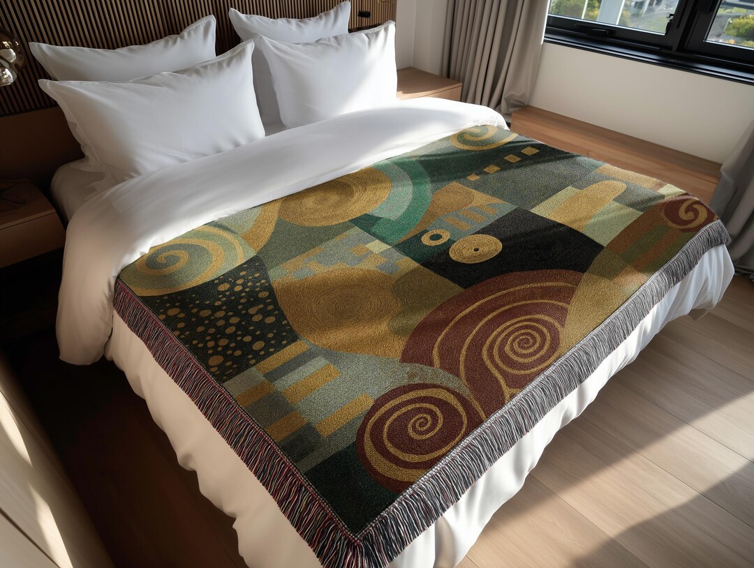 Klimt Style Gold Spiral Blanket: Geometric Cotton Bed Throw - Etsy