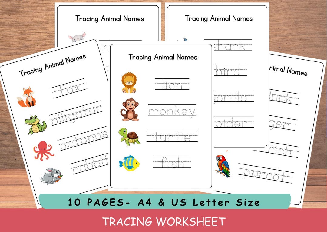 Animal Name Tracing Worksheets | Cute Animal Word Tracing for Kids ...