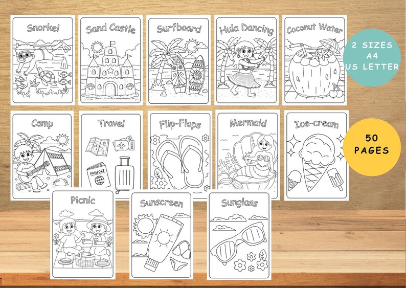 Summer Coloring Pages for Kids: 50 Beach, Mermaid Illustrations (A4 ...