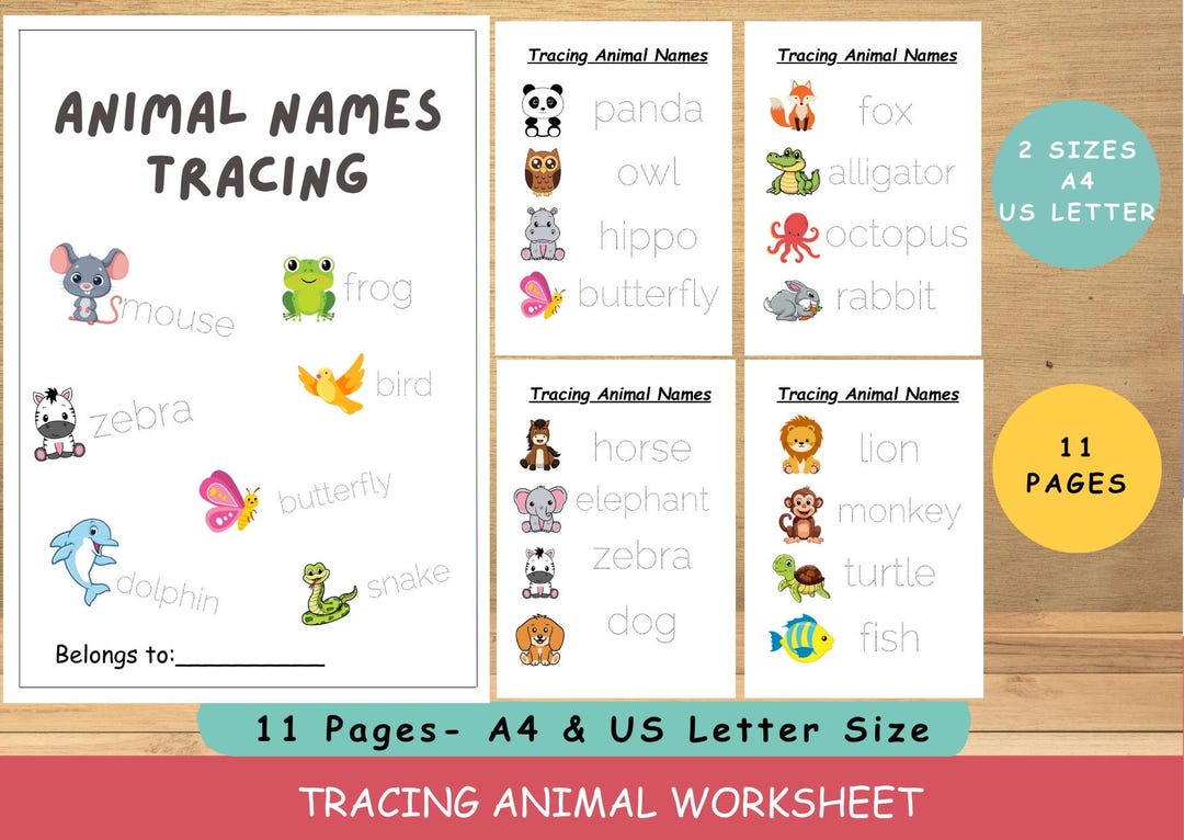 11 Animal Name Tracing Worksheets | Animal Word Tracing for Kids ...