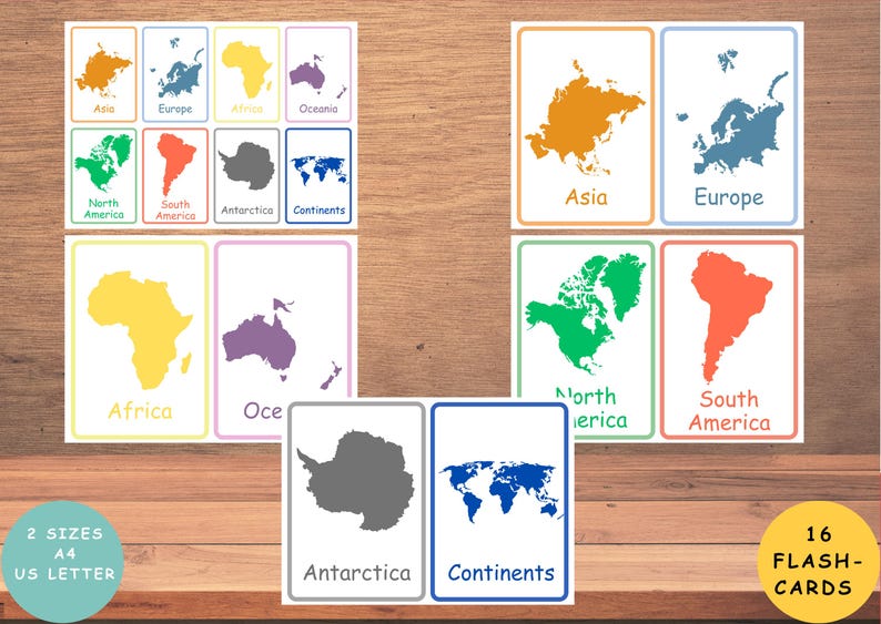 Continents Flashcards for Kids | Geography Learning Cards | Montessori ...